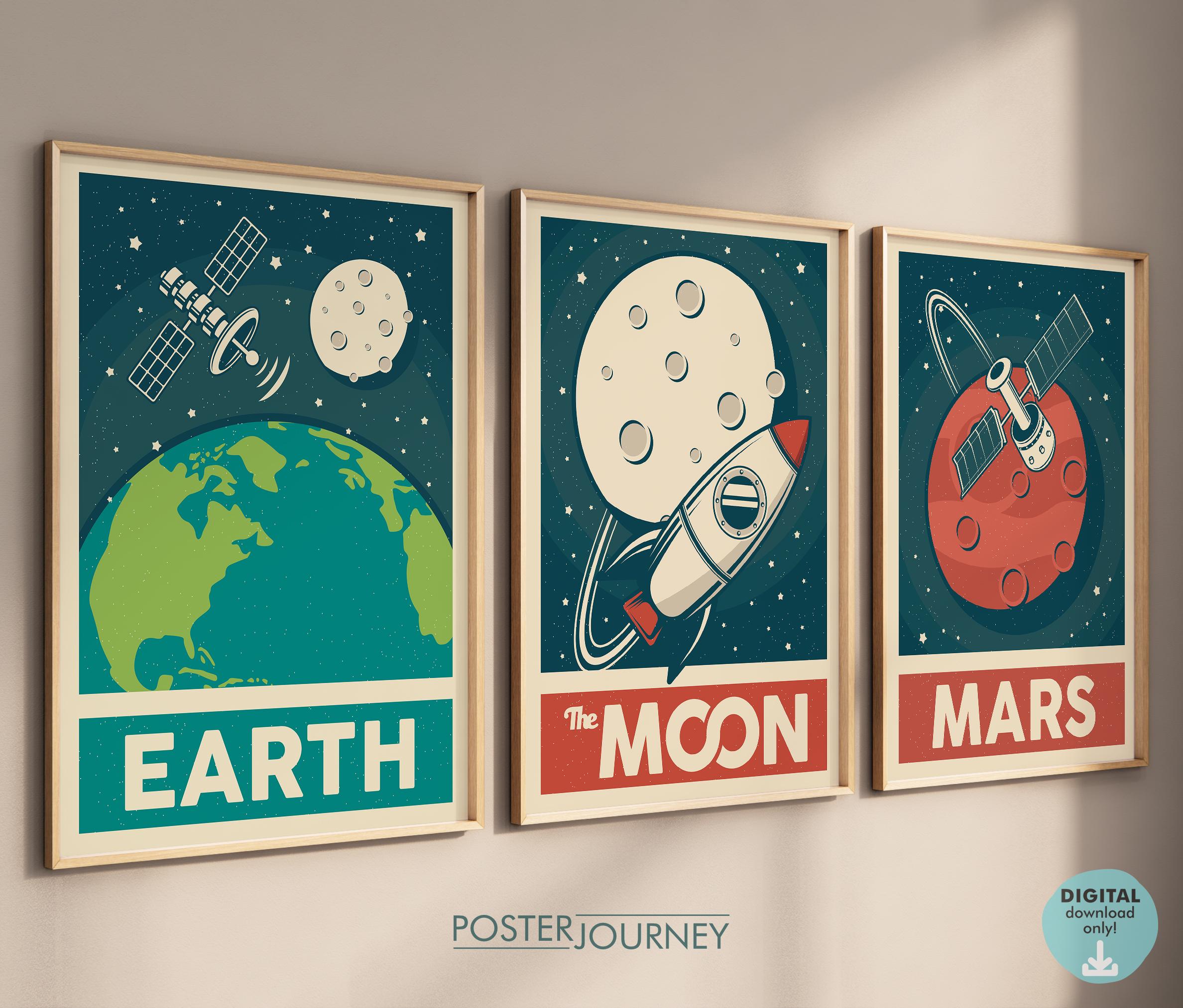 Planets of Our Solar System Poster Bundle, Space Gallery Wall Set of 9 Prints, Vintage Modern ...