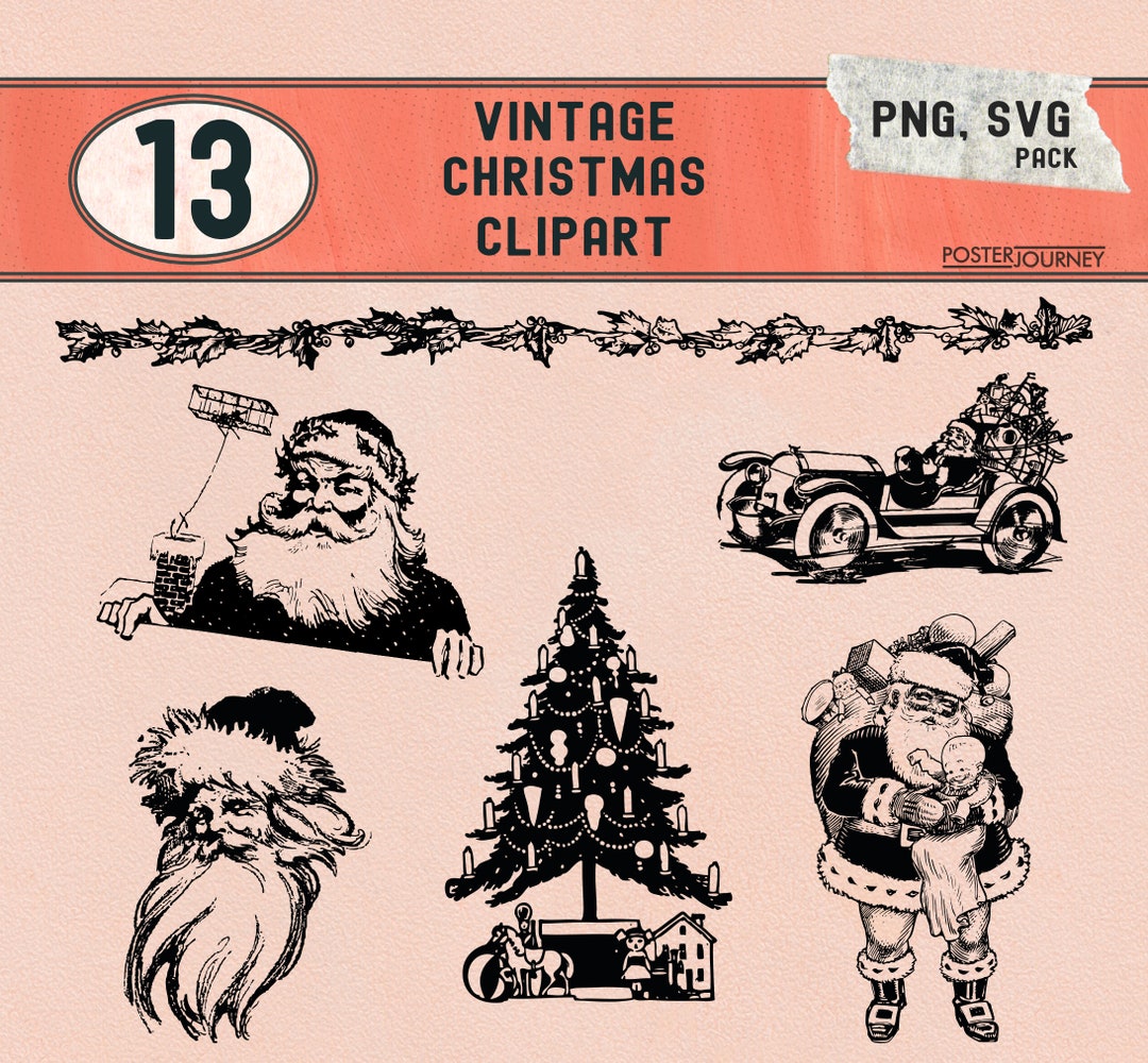 Retro Vintage Christmas Clipart Bundle, Set of 13 Vector Graphics ...