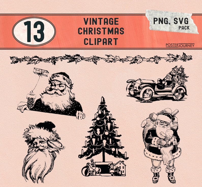 Retro Vintage Christmas Clipart Bundle, Set of 13 Vector Graphics ...