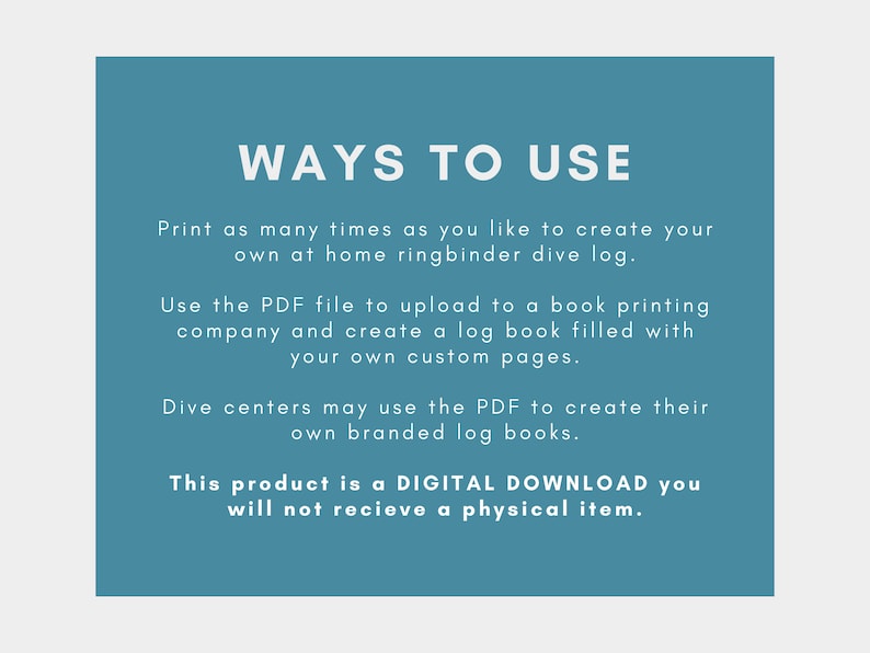 Multipack Scuba Dive Log Book Sheets Digital Download Diving Log Print ...