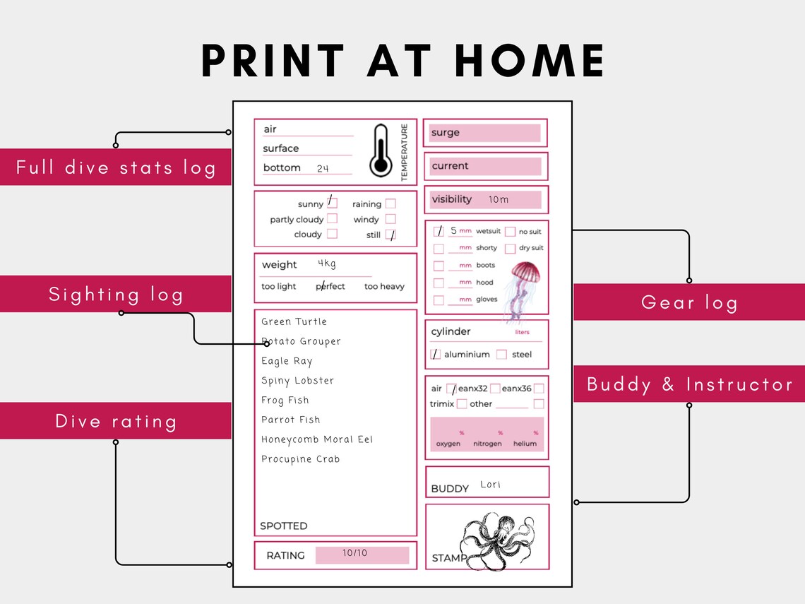 Printable Scuba Dive Log Book Sheets Digital Download Diving Log Print ...