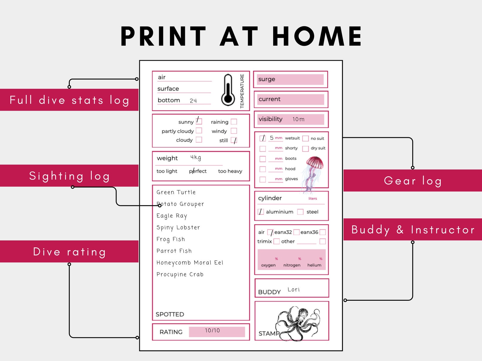 Printable Scuba Dive Log Book Sheets Digital Download Diving Log Print ...
