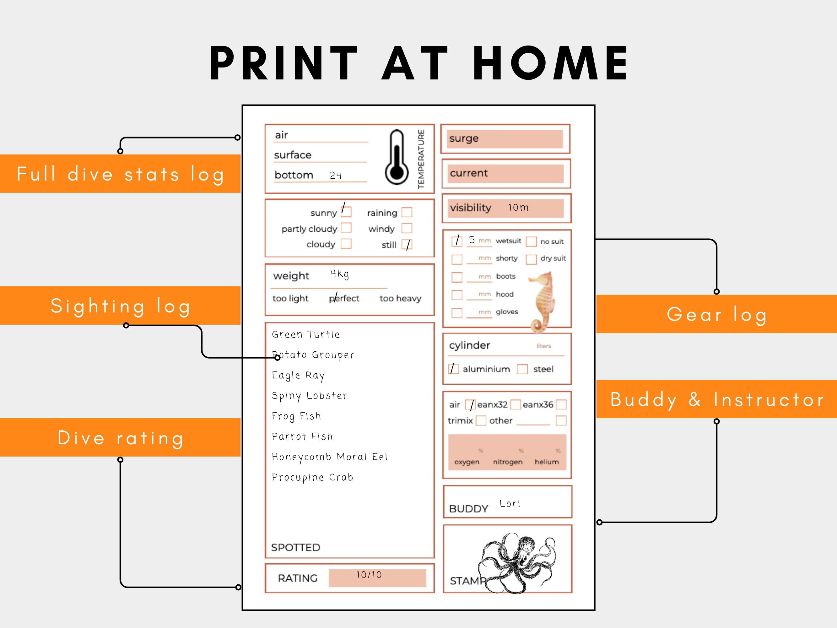 Orange Scuba Dive Log Book Sheets Digital Download Diving Log Print at ...