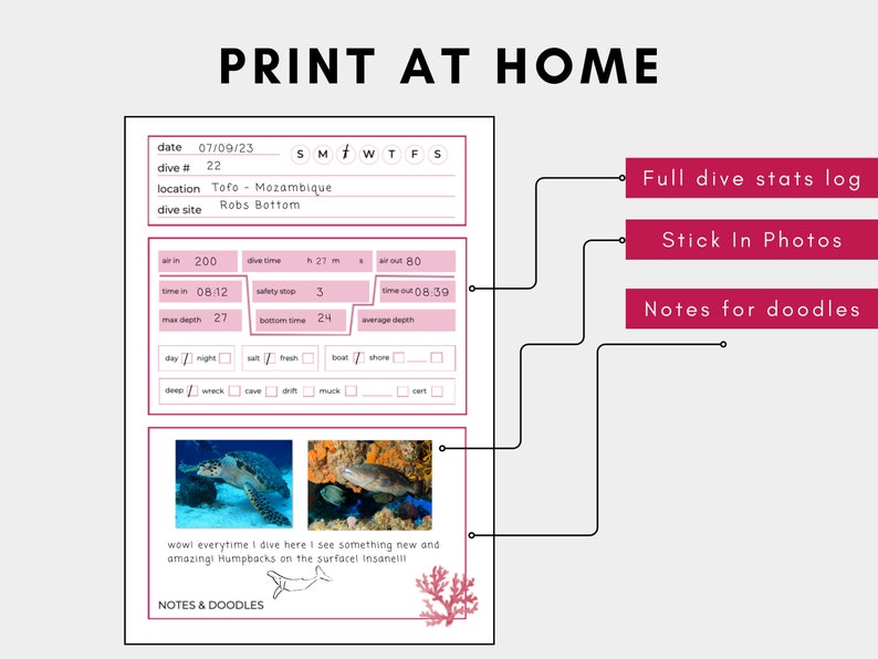 Printable Scuba Dive Log Book Sheets Digital Download Diving Log Print ...