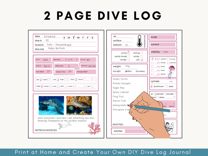 Multipack Scuba Dive Log Book Sheets Digital Download Diving Log Print ...