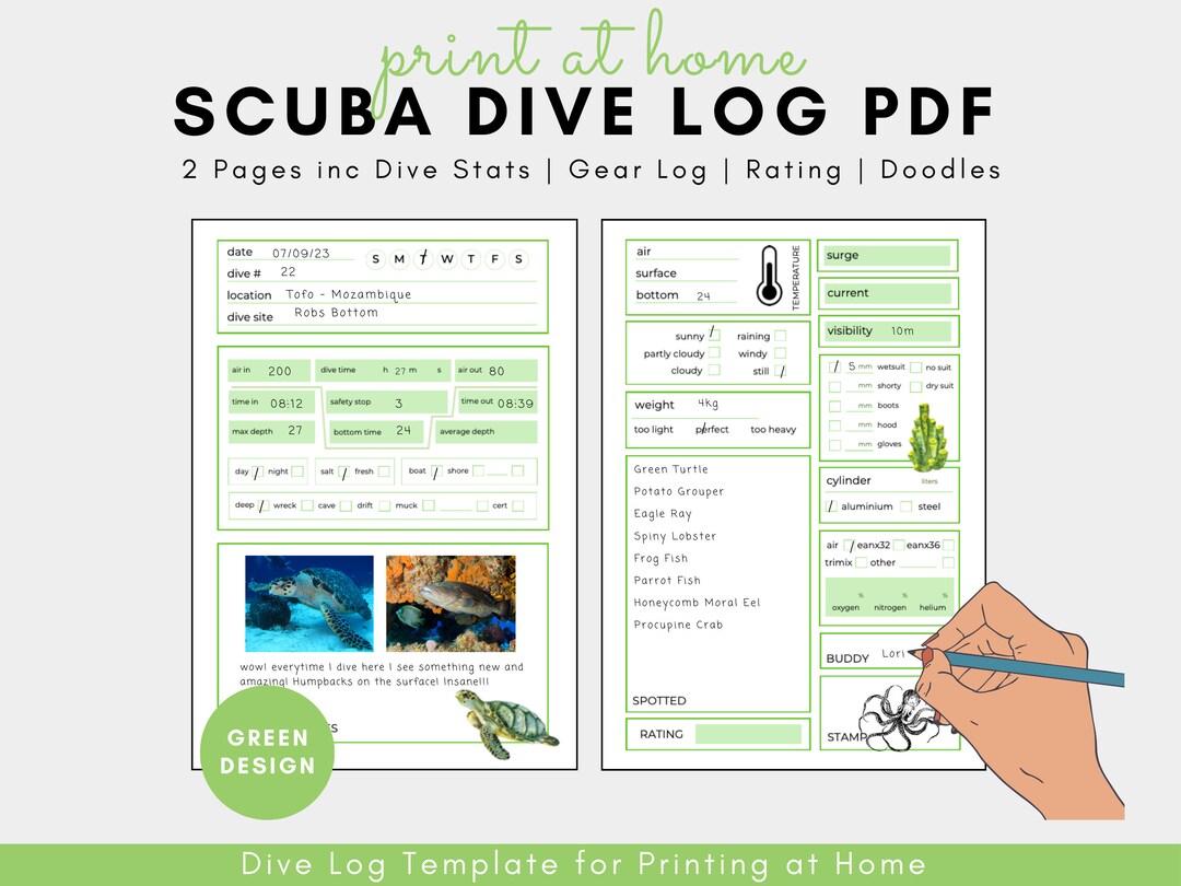Green Scuba Dive Log Book Sheets Digital Download Diving Log Print at ...