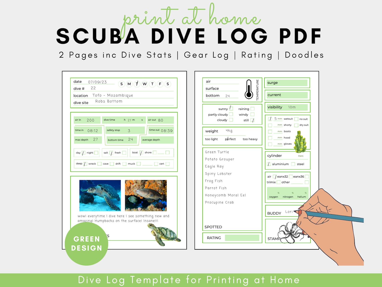 Green Scuba Dive Log Book Sheets Digital Download Diving Log Print at ...
