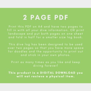 Green Scuba Dive Log Book Sheets Digital Download Diving Log Print at ...