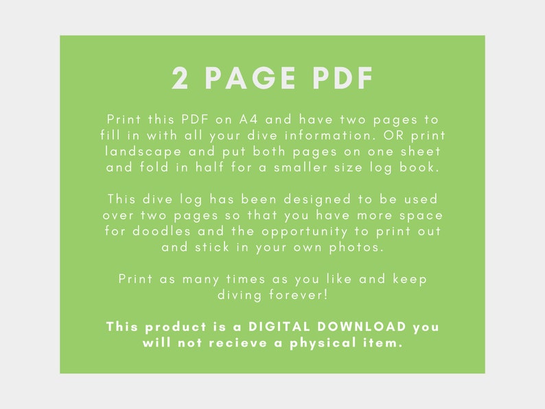 Green Scuba Dive Log Book Sheets Digital Download Diving Log Print at ...