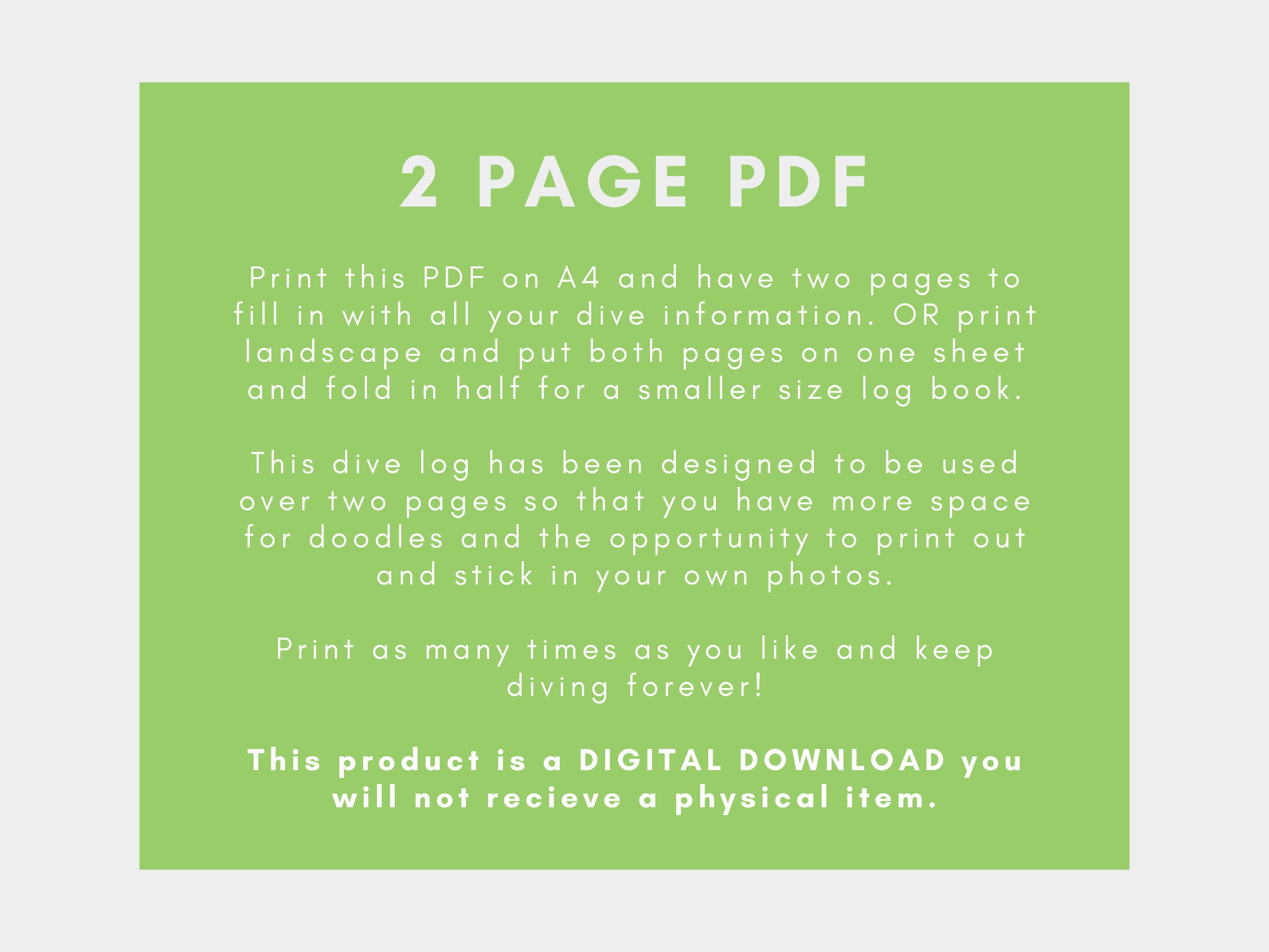 Green Scuba Dive Log Book Sheets Digital Download Diving Log Print at ...