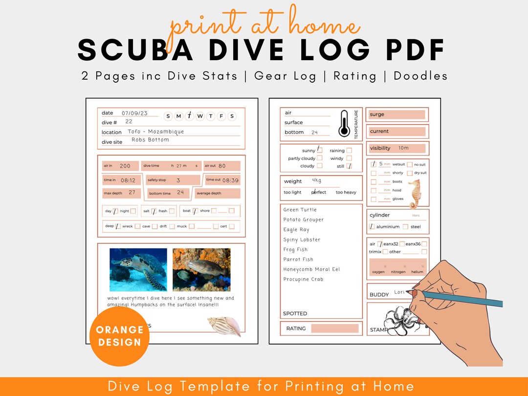 Orange Scuba Dive Log Book Sheets Digital Download Diving Log Print at ...