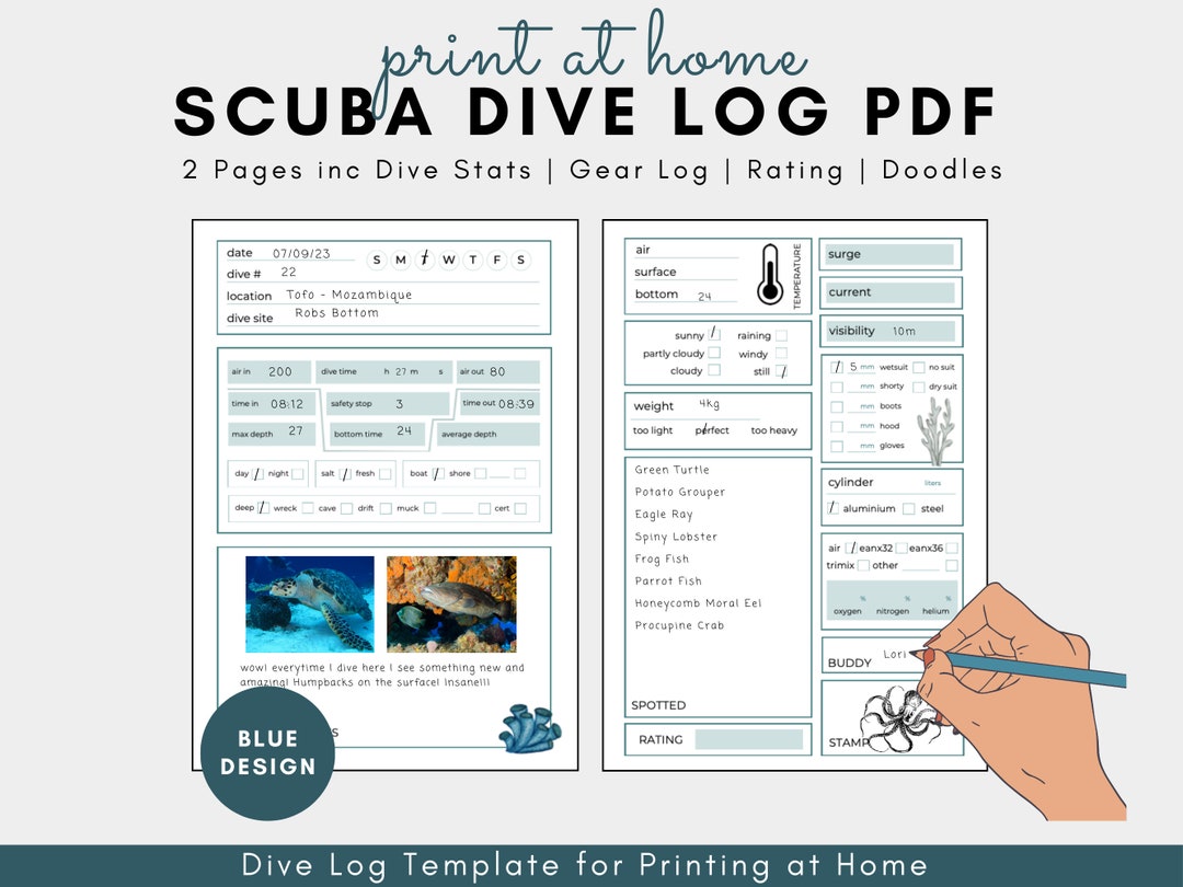 Printable Scuba Dive Log Book Sheets Digital Download Diving Log Print ...