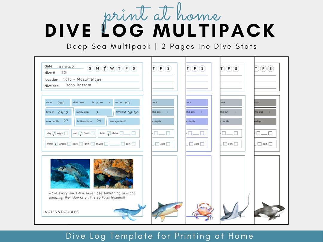 Multipack Scuba Dive Log Book Sheets Digital Download Diving Log Print ...