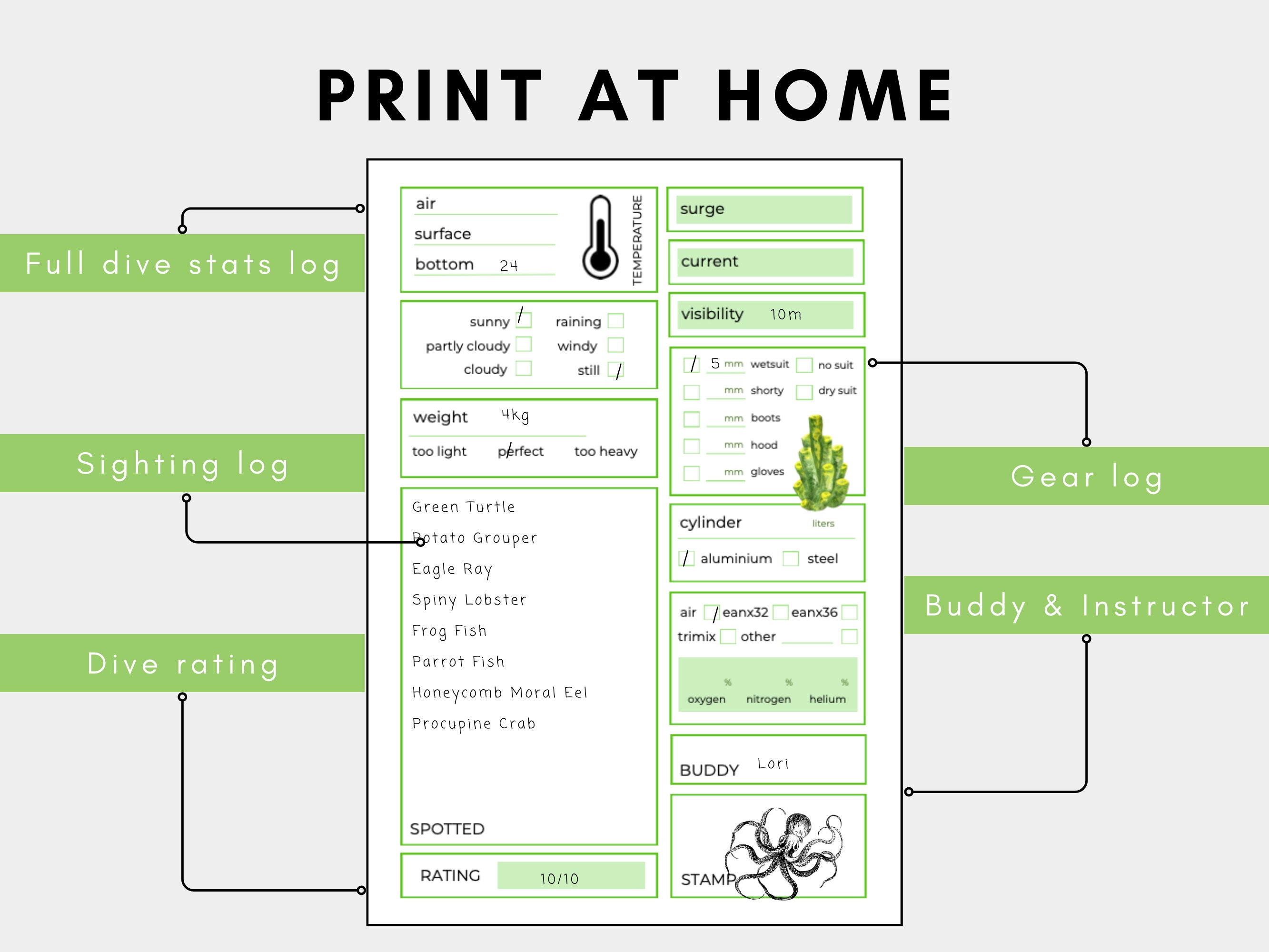 Green Scuba Dive Log Book Sheets Digital Download Diving Log Print at ...