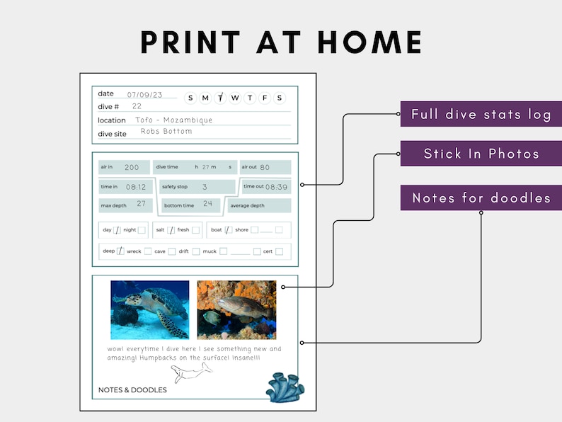 Printable Scuba Dive Log Book Sheets Digital Download Diving Log Print ...