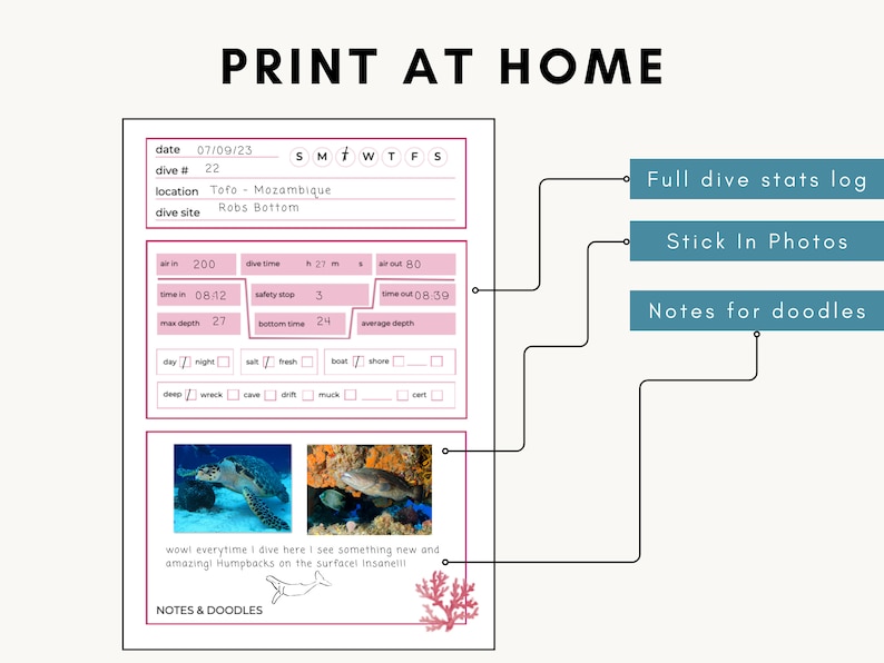 Multipack Scuba Dive Log Book Sheets Digital Download Diving Log Print ...