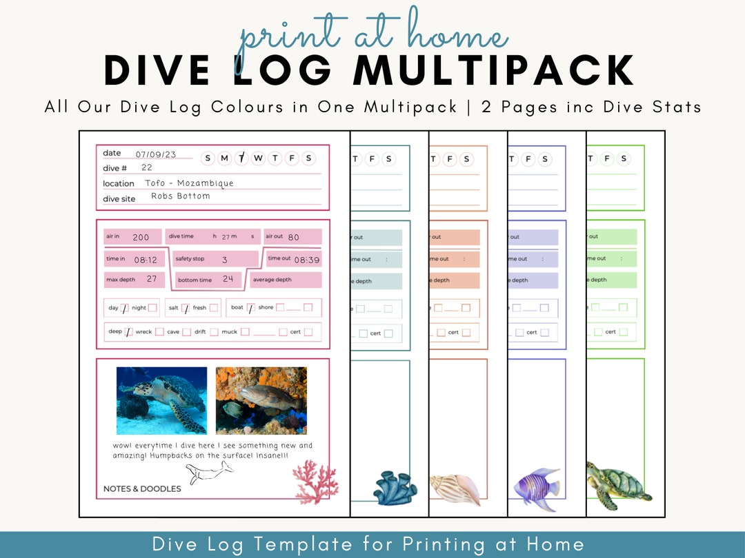 Multipack Scuba Dive Log Book Sheets Digital Download Diving Log Print ...