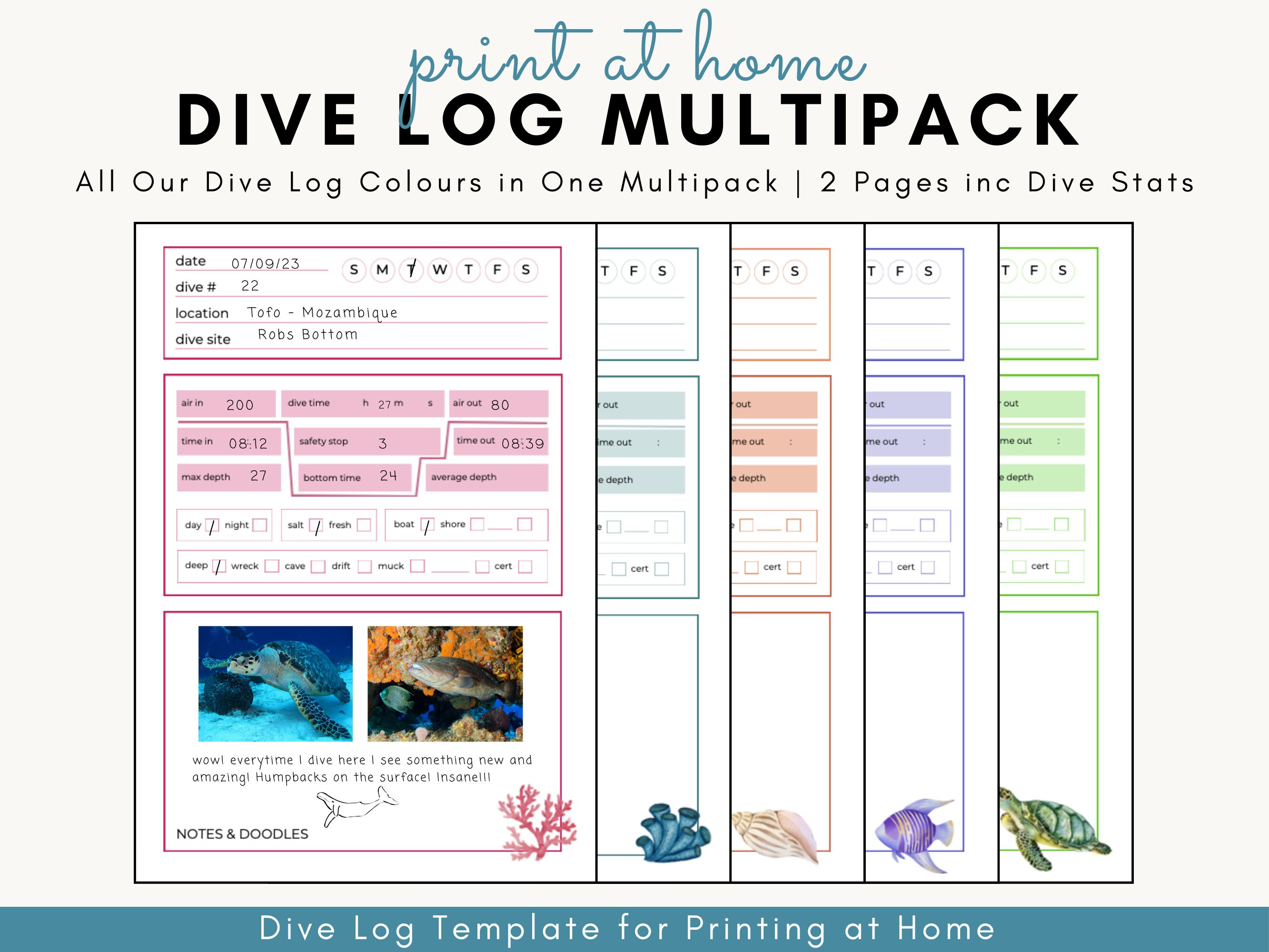 Multipack Scuba Dive Log Book Sheets Digital Download Diving Log Print ...