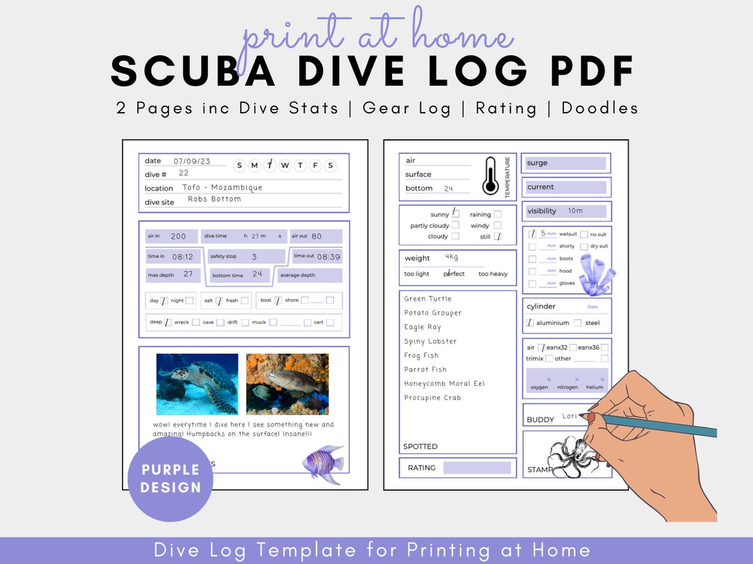 Purple Scuba Dive Log Book Sheets Digital Download Diving Log Print at ...