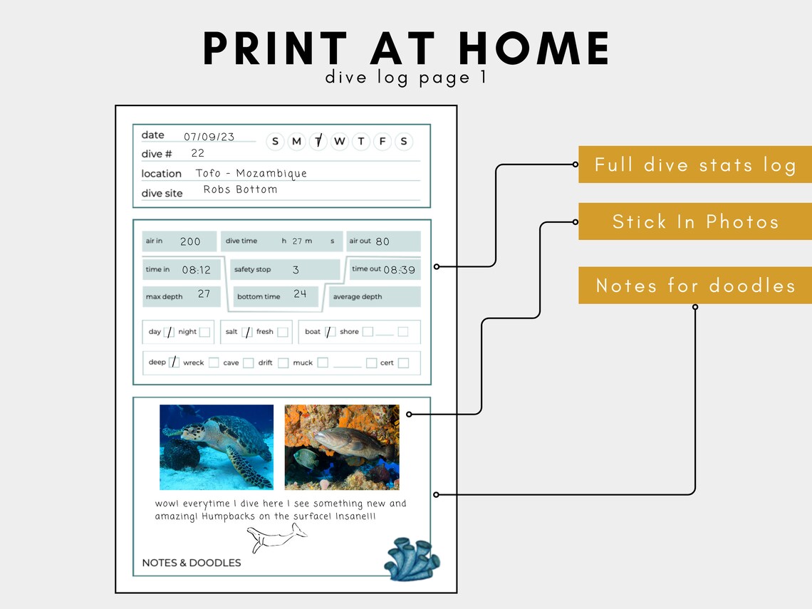 DIY Scuba Dive Journal Log Book Digital Download Diving Log Print at ...
