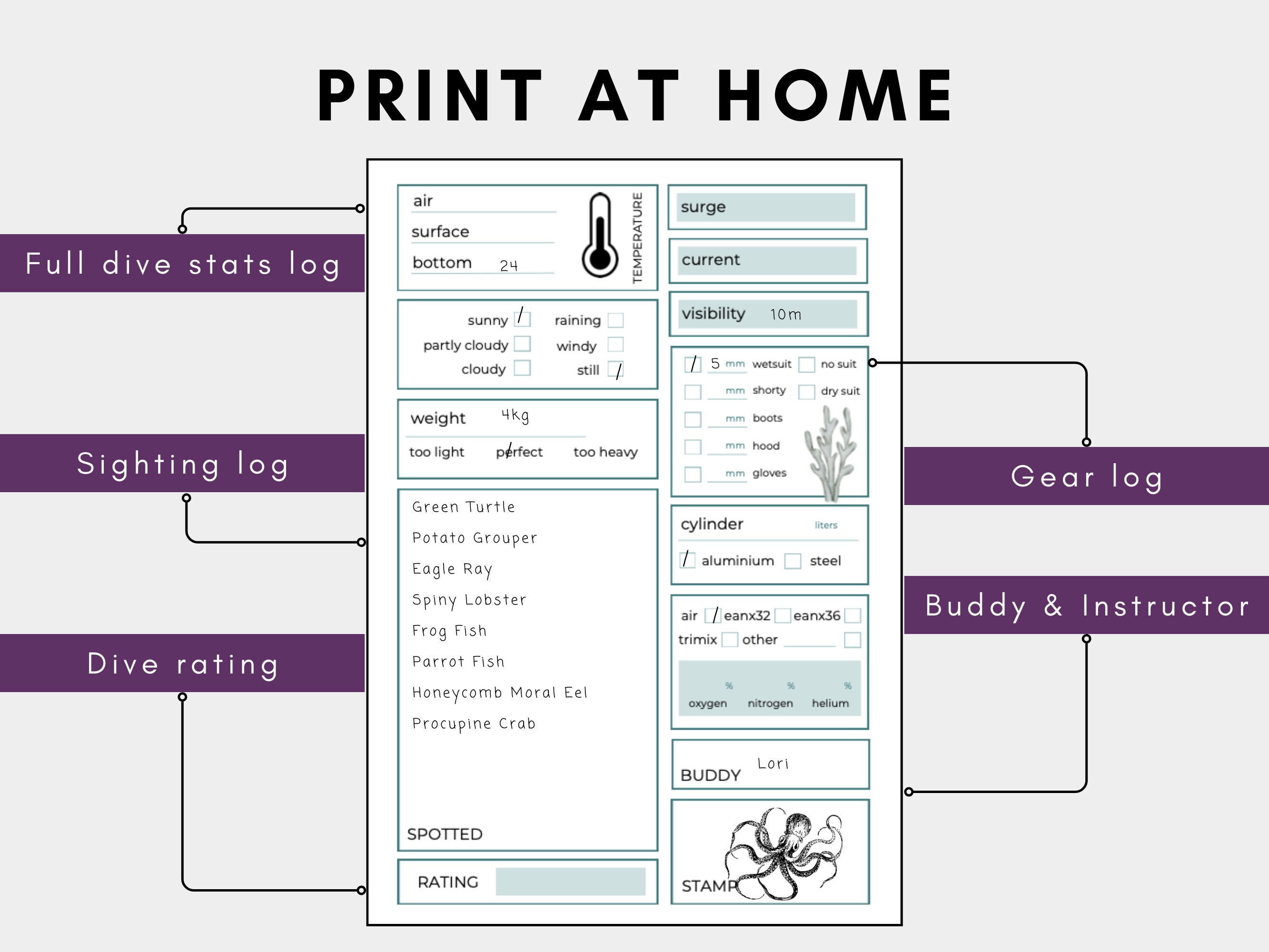 Printable Scuba Dive Log Book Sheets Digital Download Diving Log Print ...