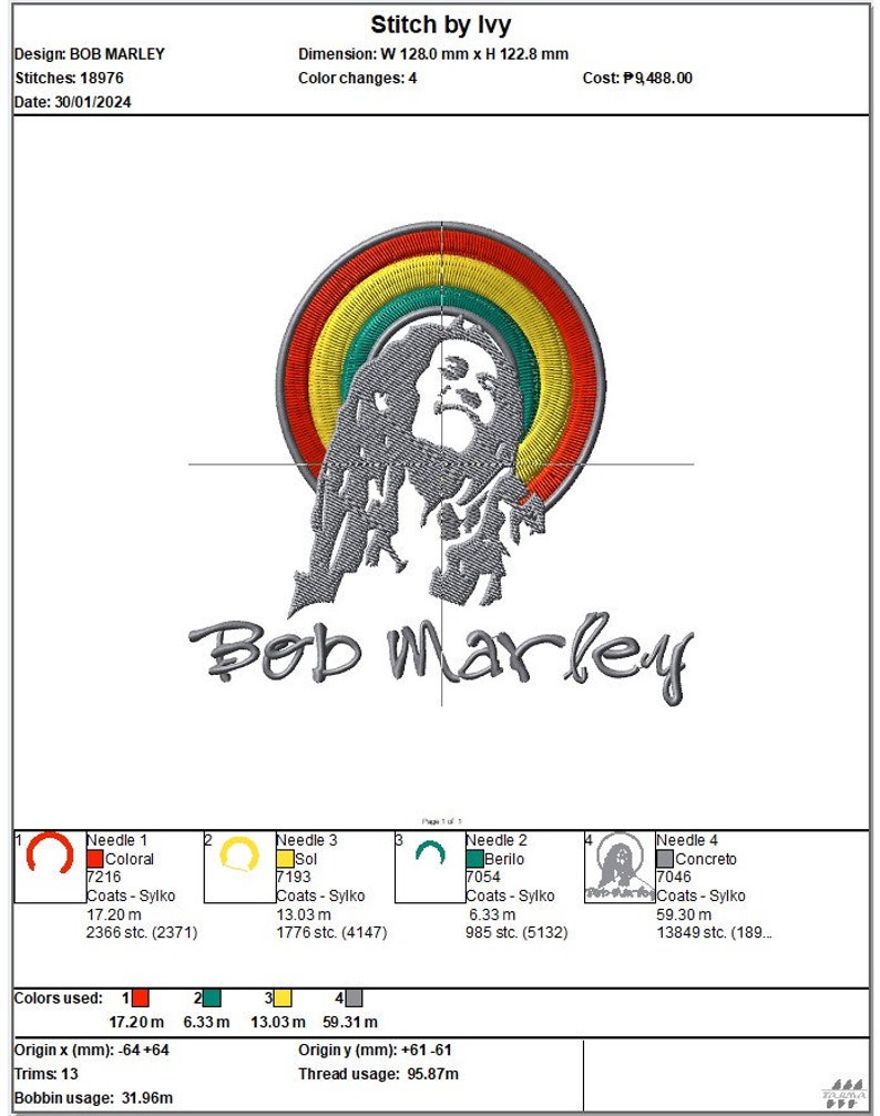 BOB MARLEY Rasta | Digitized Embroidery Design in Dst Dsb Pes Jef Sew ...