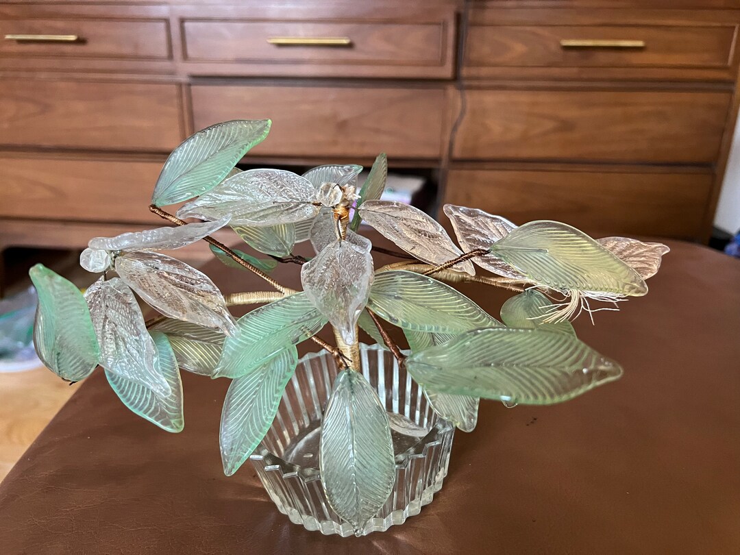 Vintage Glass Leaf Sculpture Wired Centerpiece Green and Clear Leaves ...