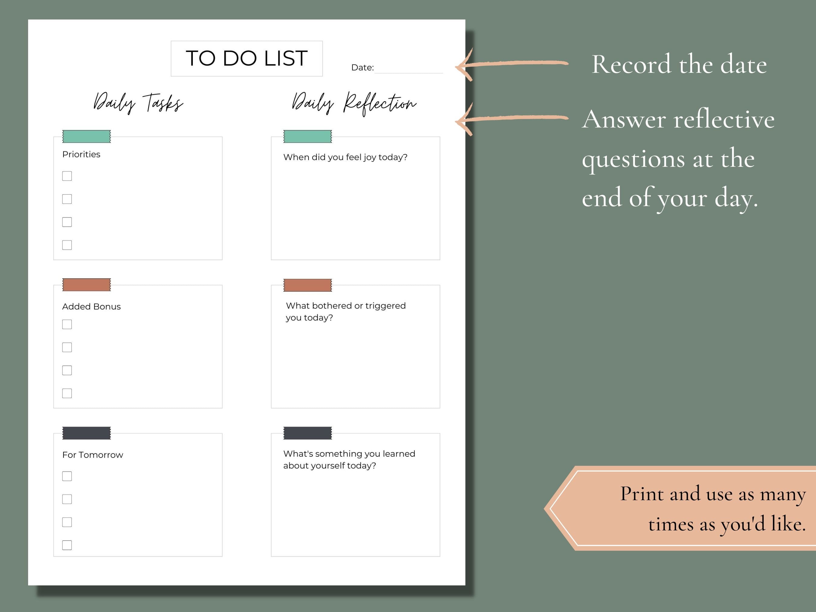 Daily Task List Template, Daily Checklist Template, Daily Reflection ...