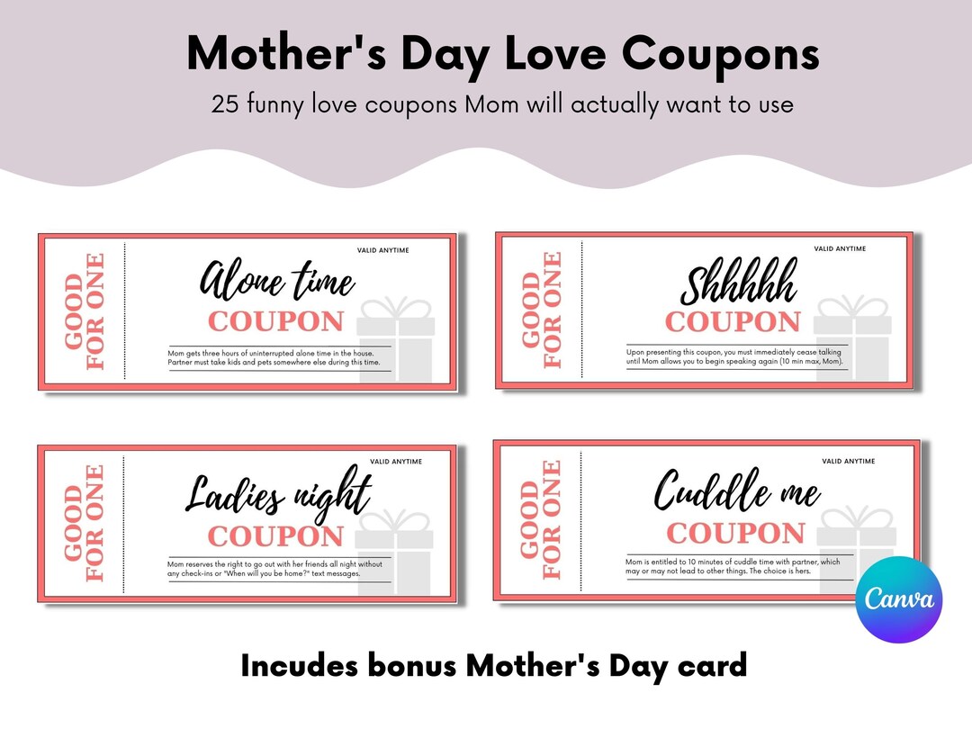 Mothers Day Love Coupons, Mothers Day Gift, Includes Funny Mothers Day ...