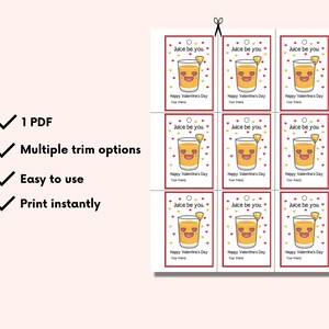 Printable Classroom Valentine Card, School Valentine Favor Tags, Juice ...