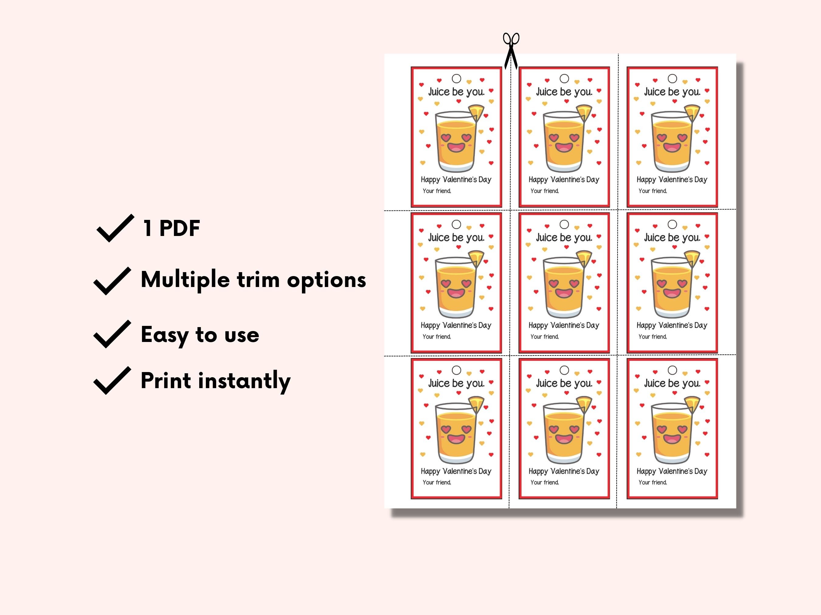 Printable Classroom Valentine Card, School Valentine Favor Tags, Juice ...
