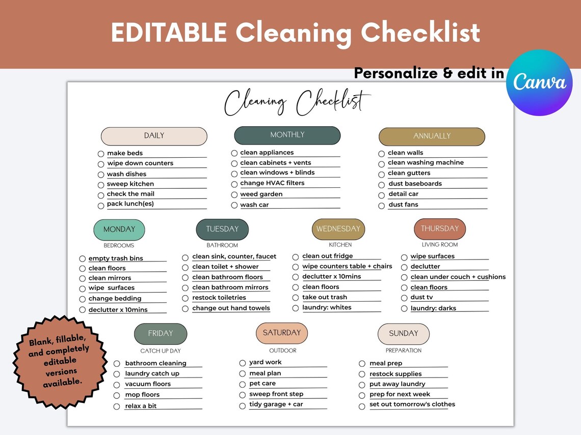 EDITABLE Cleaning Checklist and Cleaning Schedule, Cleaning Planner ...