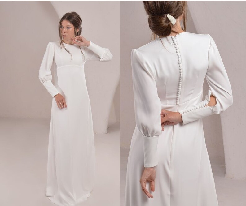 Modest Wedding Dress With Long Sleeves, Buttoned Cuffs, and Back ...