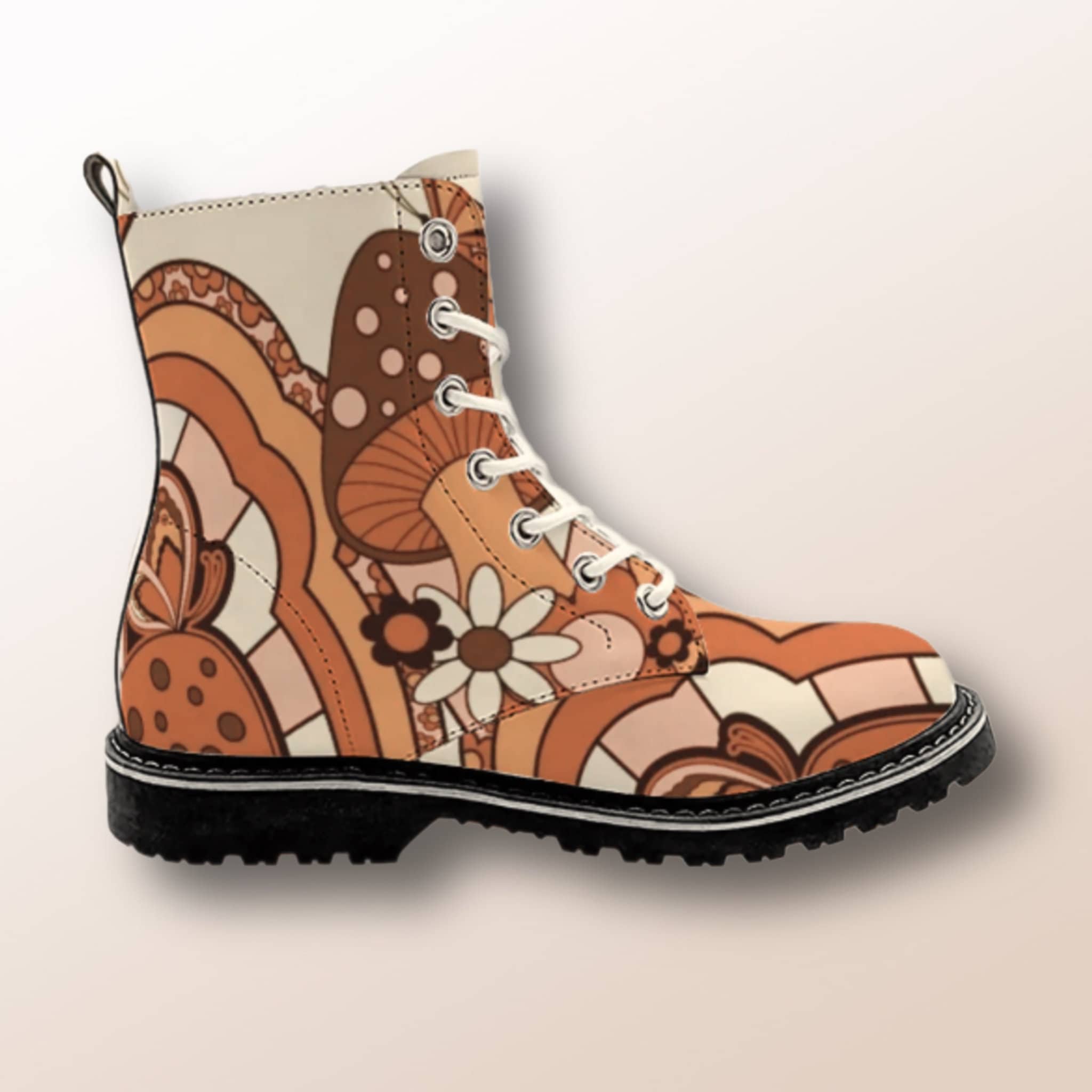 Brown Floral Mushroom Boho Cottagecore Vegan Lace up Festival Boots - Etsy