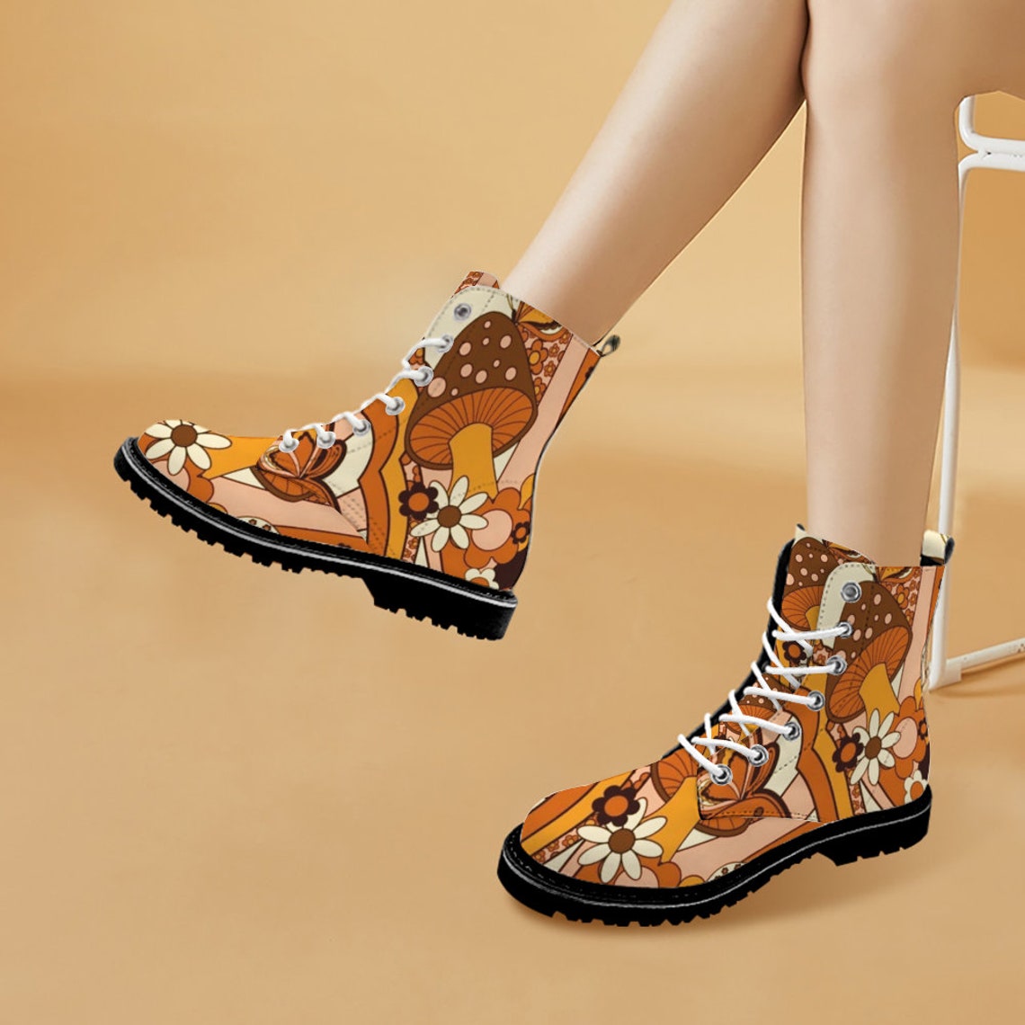Brown Floral Mushroom Boho Cottagecore Vegan Lace up Festival Boots - Etsy