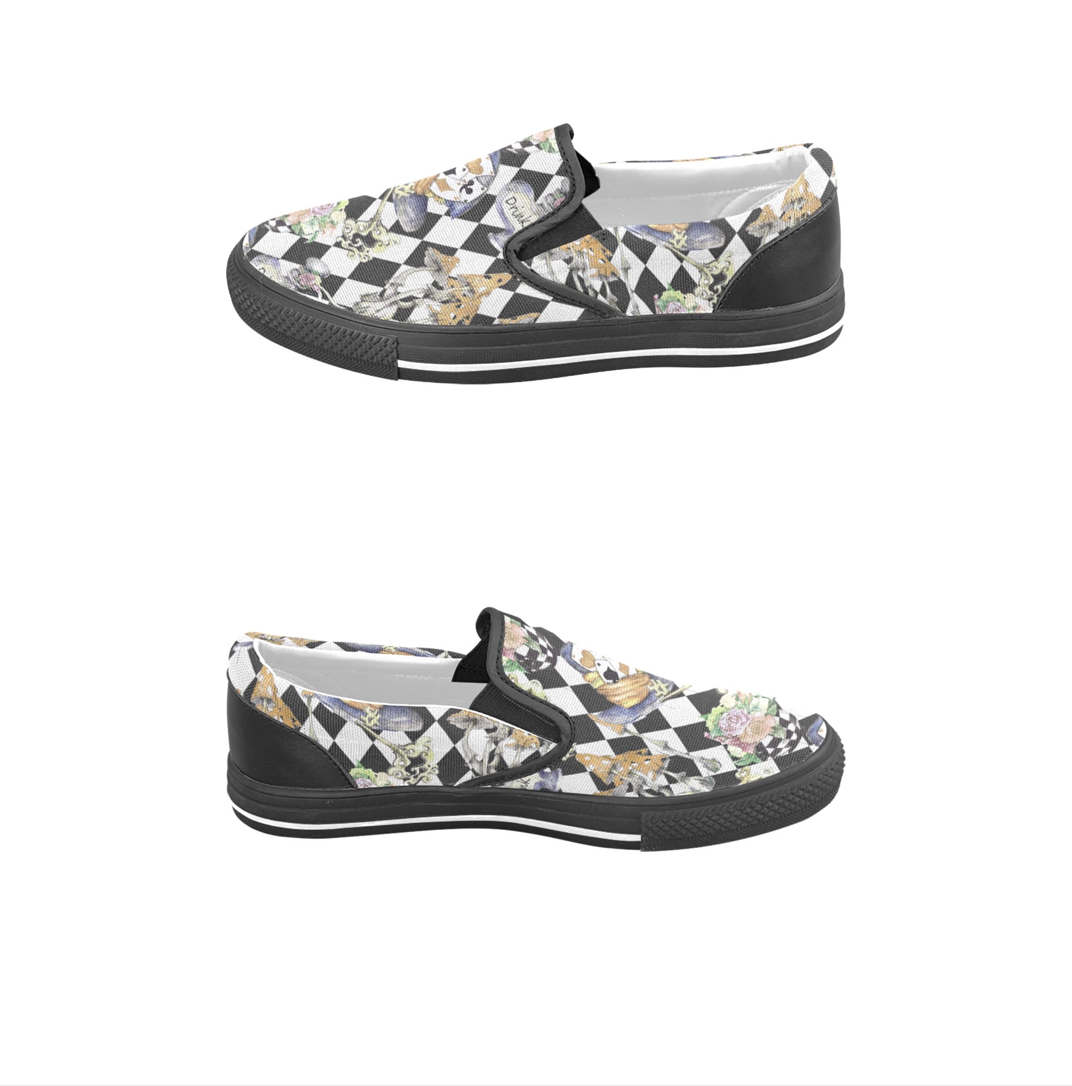 Alice in Wonderland Canvas Shoes, Black and White Checkered Alice Slip ...