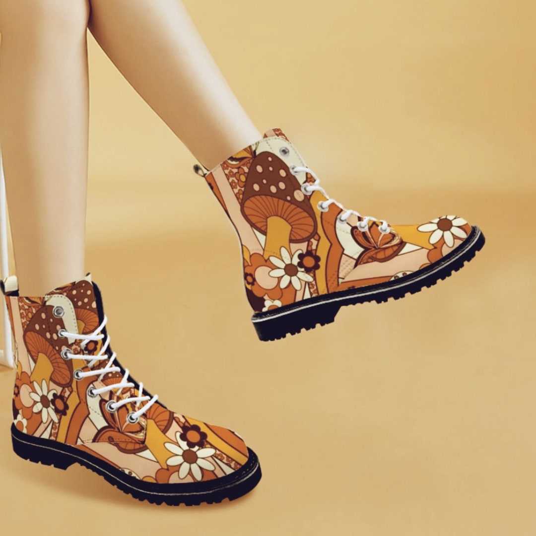 Brown Floral Mushroom Boho Cottagecore Vegan Lace up Festival Boots - Etsy