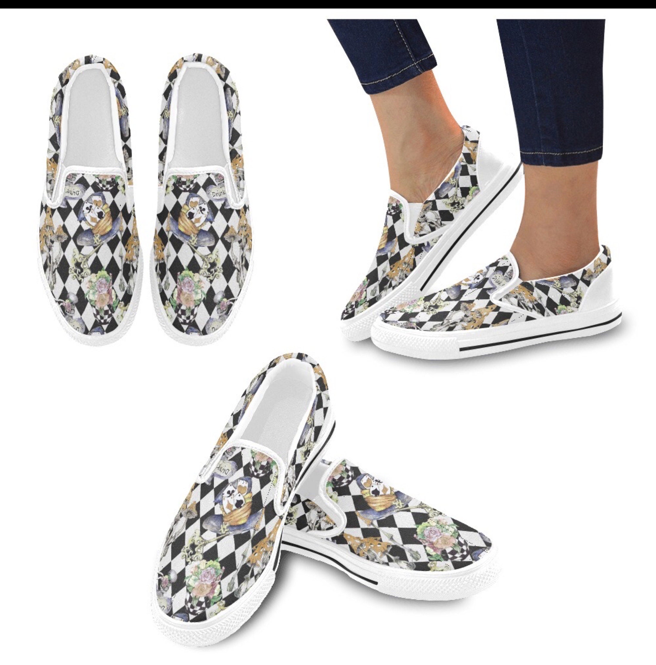 Alice in Wonderland Canvas Shoes, Black and White Checkered Alice Slip ...