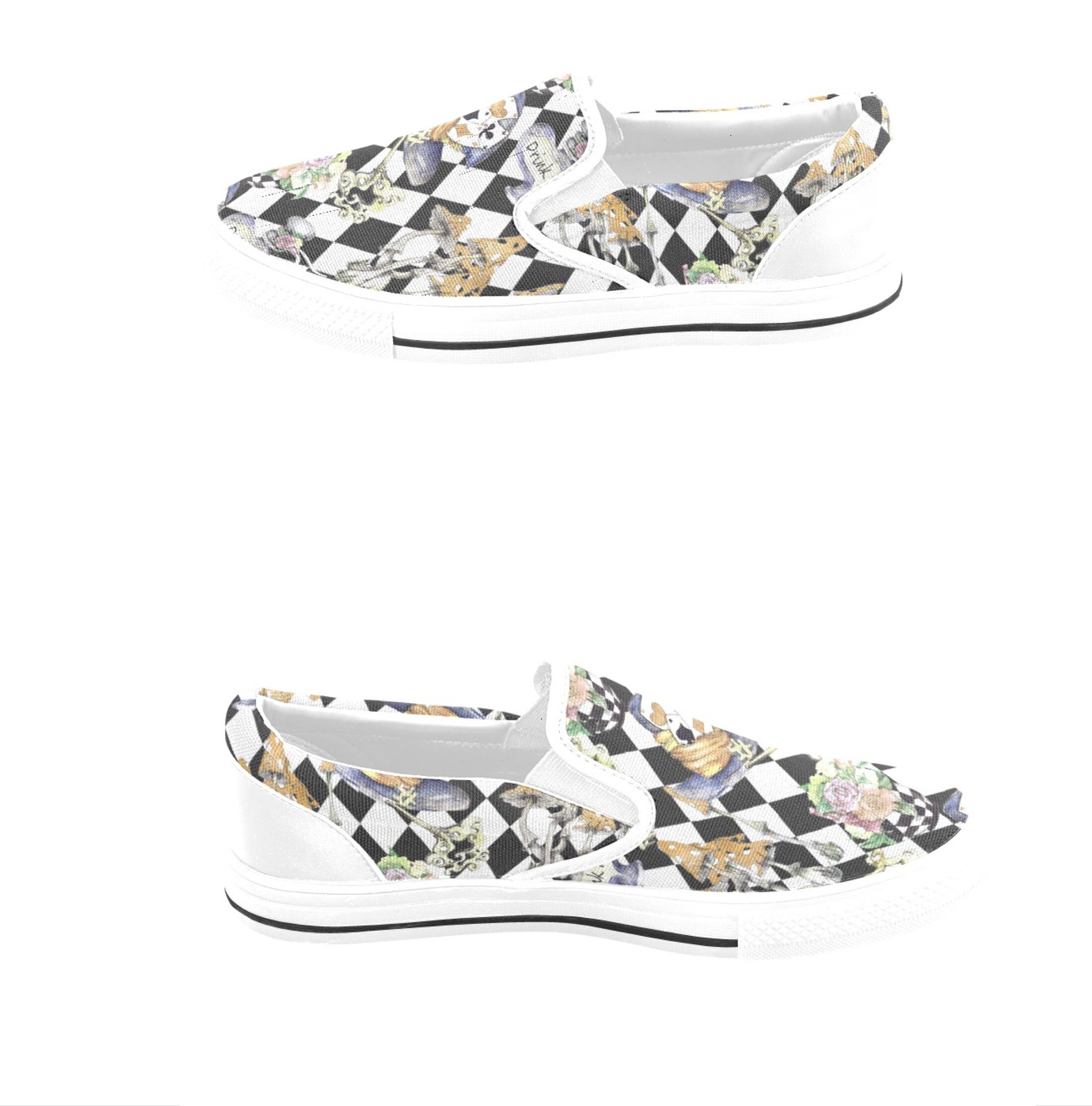 Alice in Wonderland Canvas Shoes, Black and White Checkered Alice Slip ...