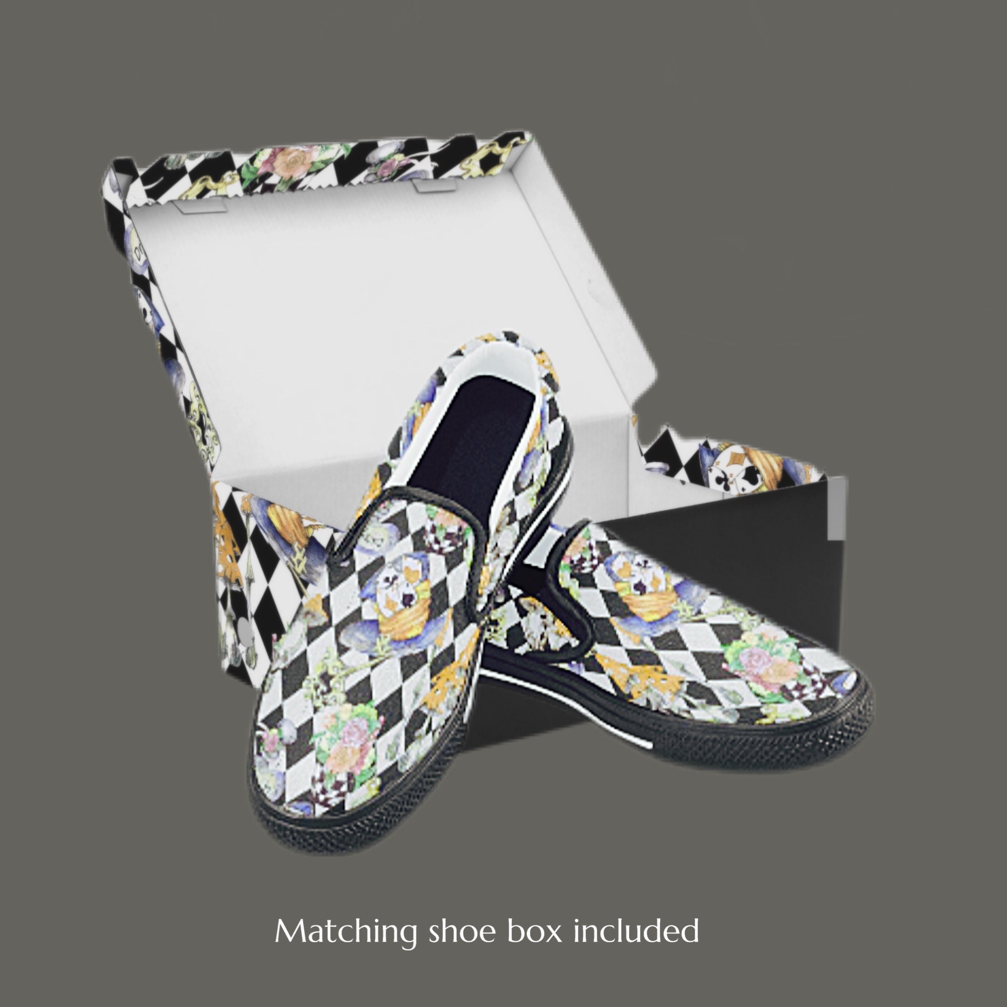 Alice in Wonderland Canvas Shoes, Black and White Checkered Alice Slip ...