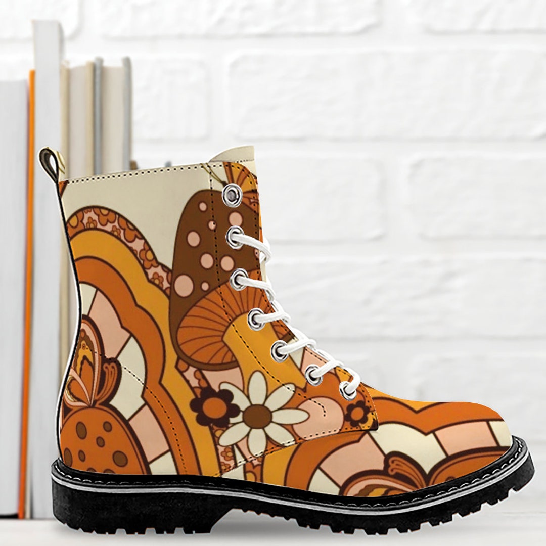 Brown Floral Mushroom Boho Cottagecore Vegan Lace up Festival Boots - Etsy