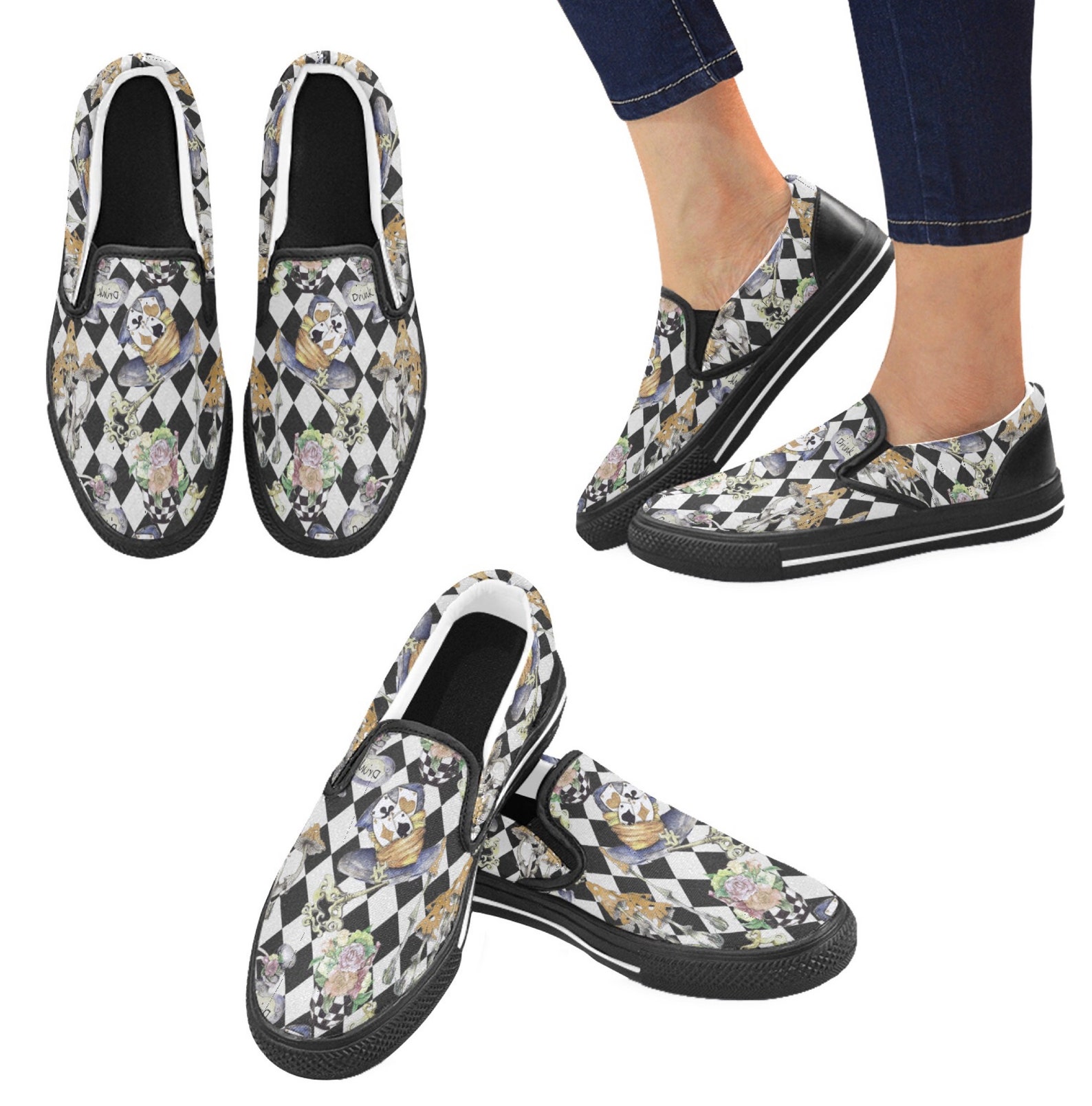 Alice in Wonderland Canvas Shoes, Black and White Checkered Alice Slip ...