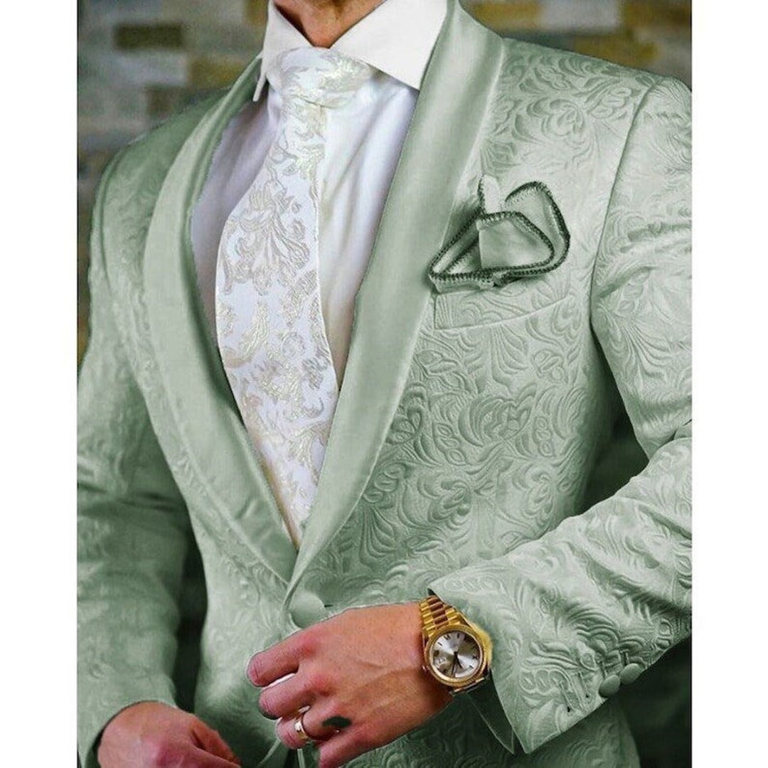 Luxury Designer Men Suits Green Paisley Floral 2 Piece Suits Slim Fit ...