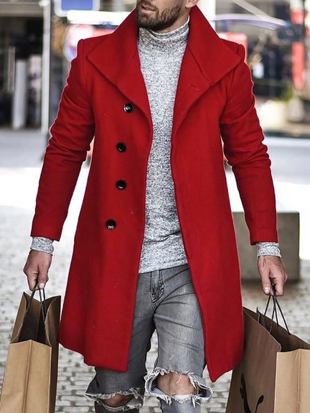 Men Red Overcoat Long Trench Coat Men New Arrival Jacket Coats Solid ...