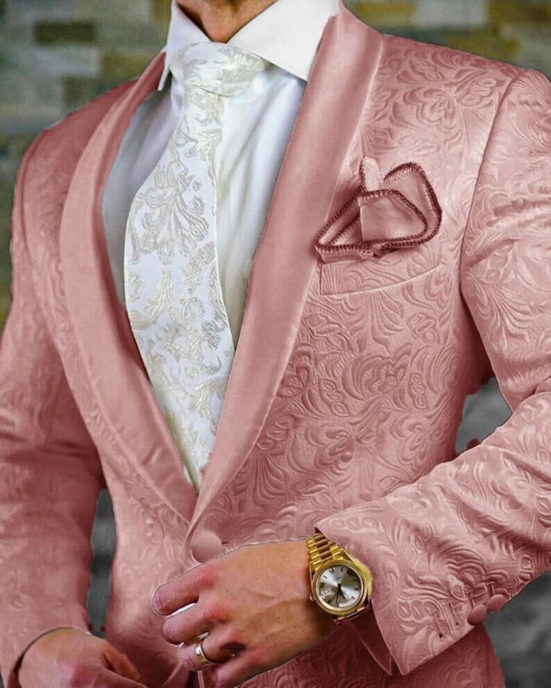 Luxury Designer Men Suits Pink Paisley Floral 2 Piece Suits Slim Fit ...
