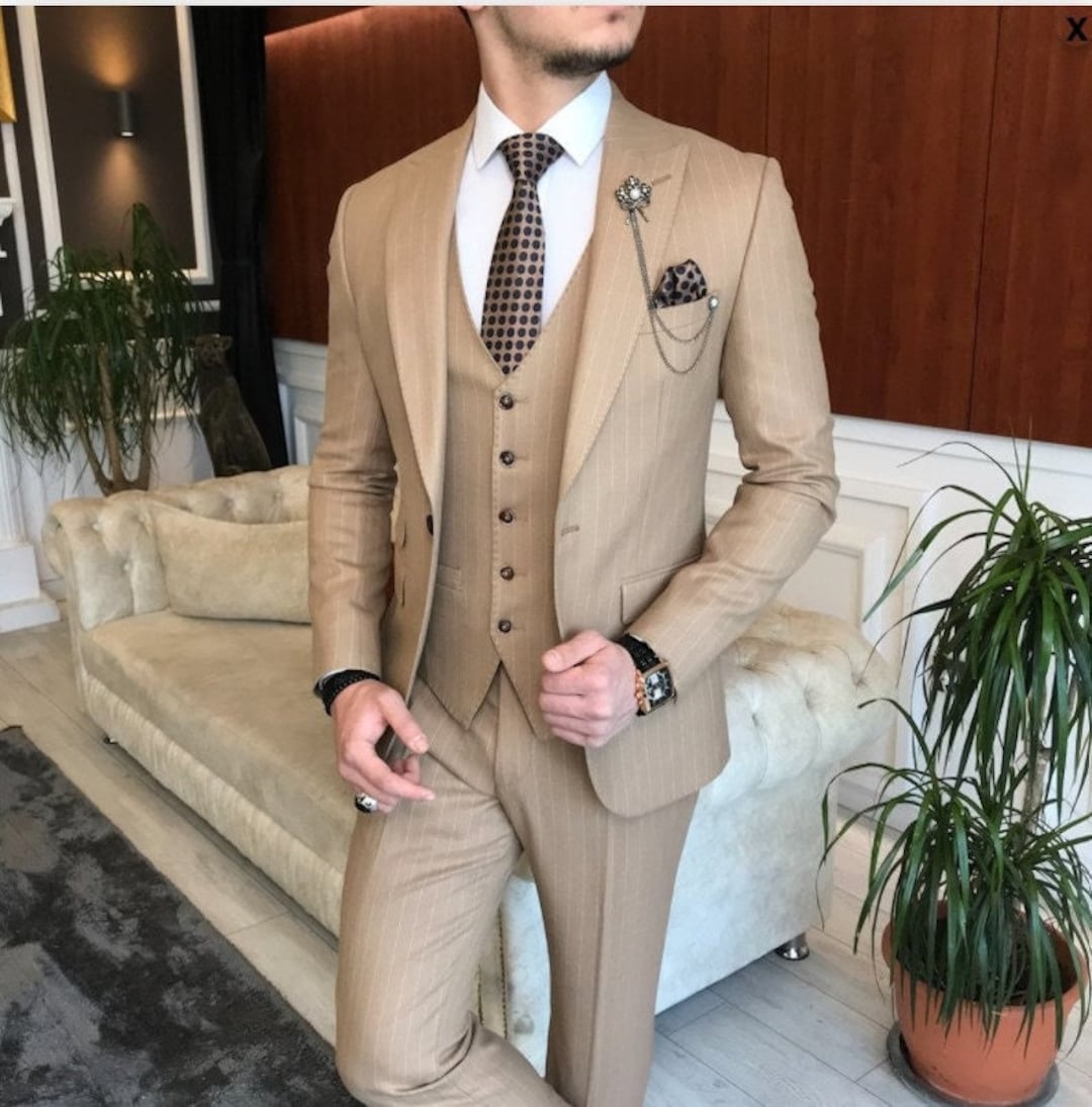 Men Suits 3 Piece, Light Brown Suits Men, Slim Fit Suits, One Button ...