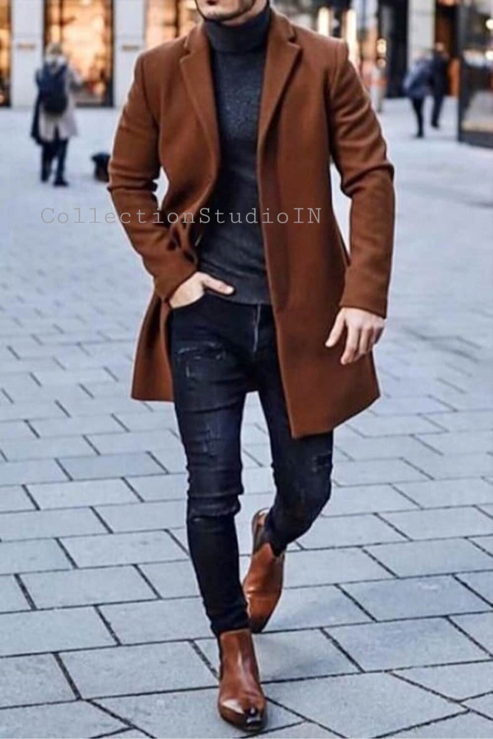 Men Brown Trench Coat, Men Slim Fit Winter Wool Long Coat, Gift for Him ...