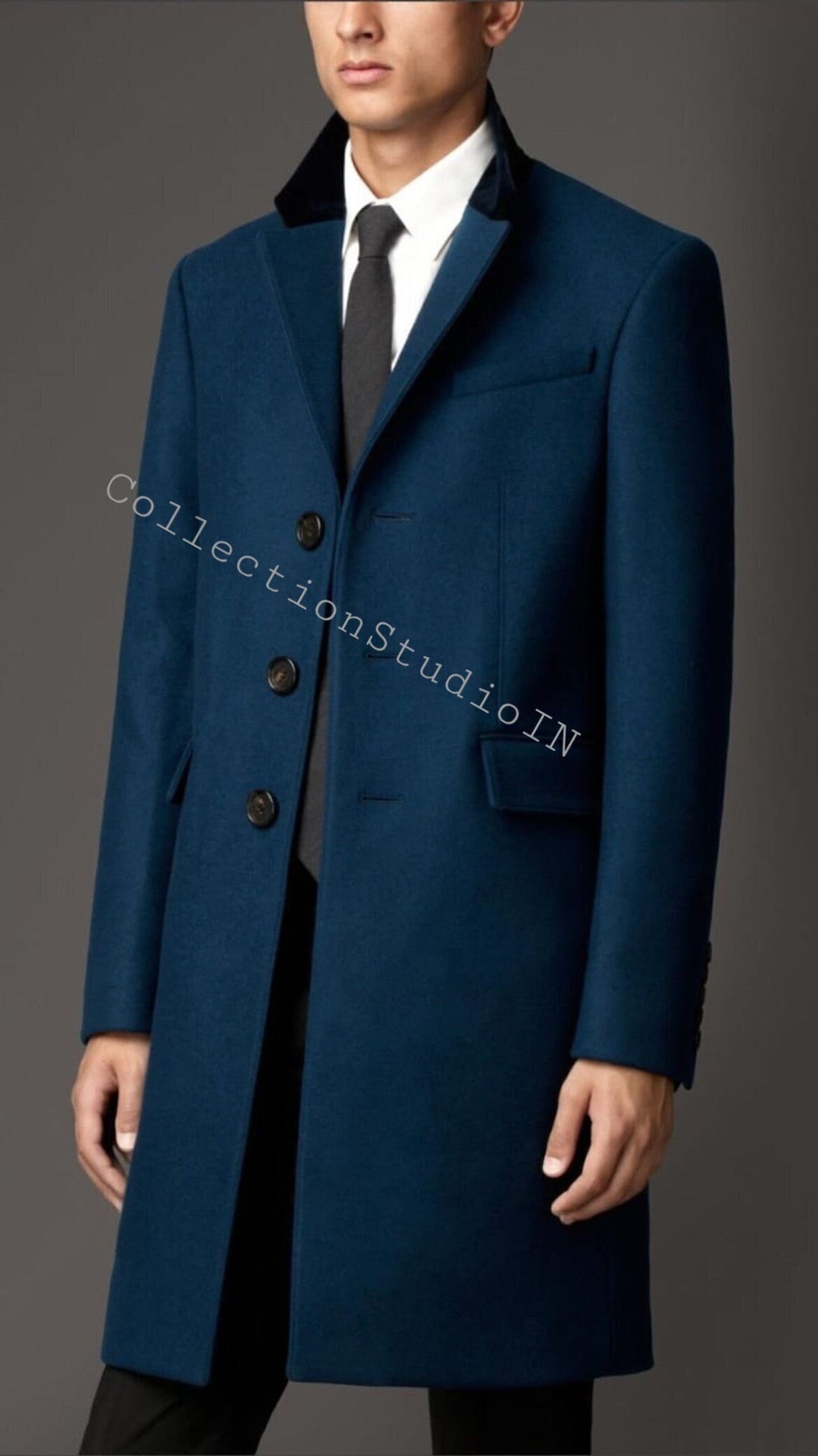 BLUE TRENCH COAT, Men Wool Long Coat Slim Fit Dinner Overcoat, Long ...
