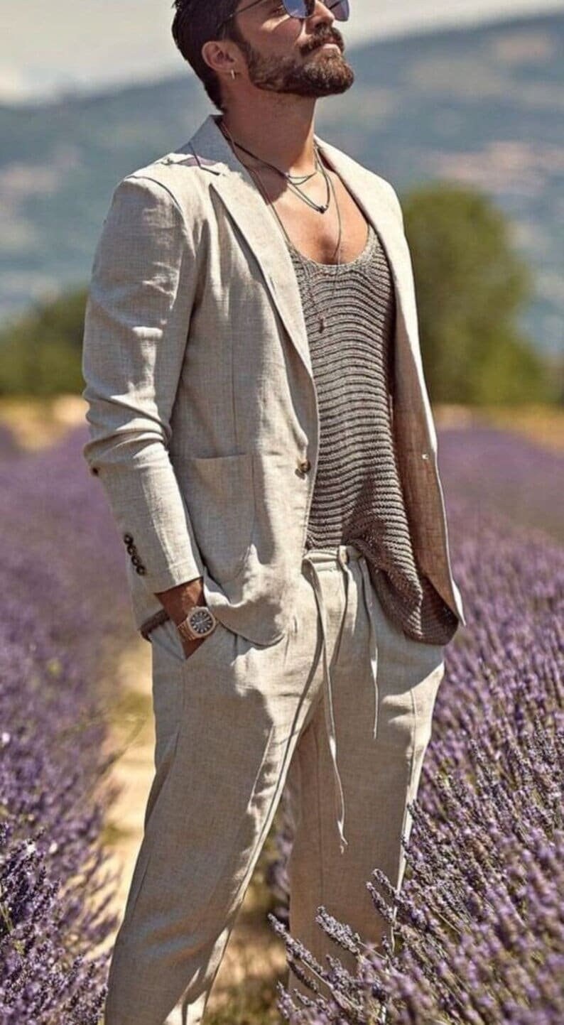 Men Linen Suits Men Beige Linen 2 Piece Formal Suit 1 Button Custom ...