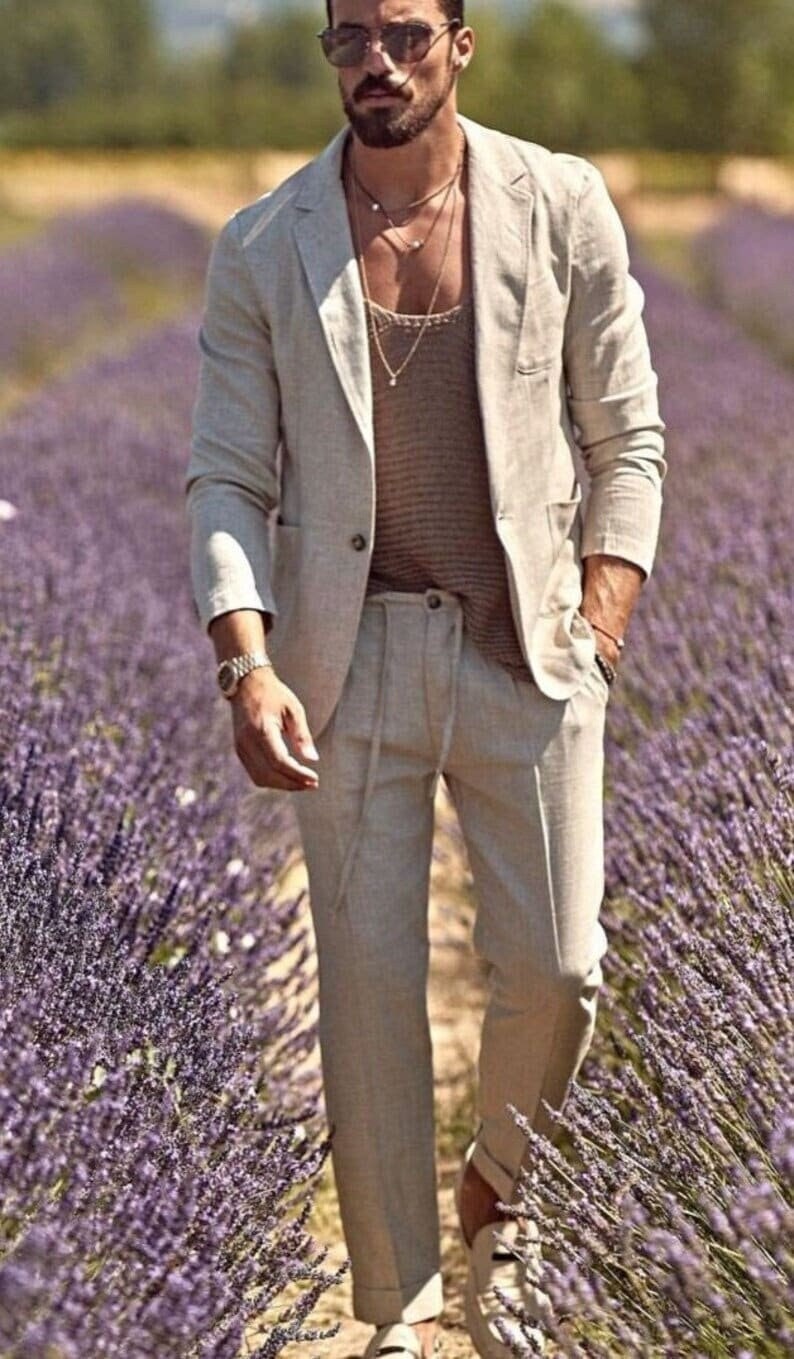 Men Linen Suits Men Beige Linen 2 Piece Formal Suit 1 Button Custom ...